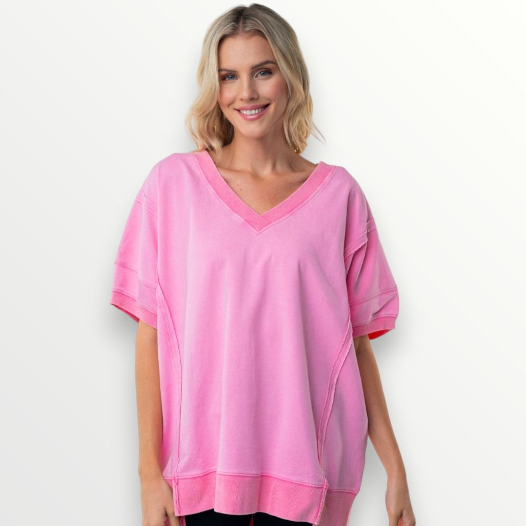 Fuchsia Short Sleeve V-neck Knit Top by White Birch Fuchsia Short Sleeve V-neck Knit Top by White Birch