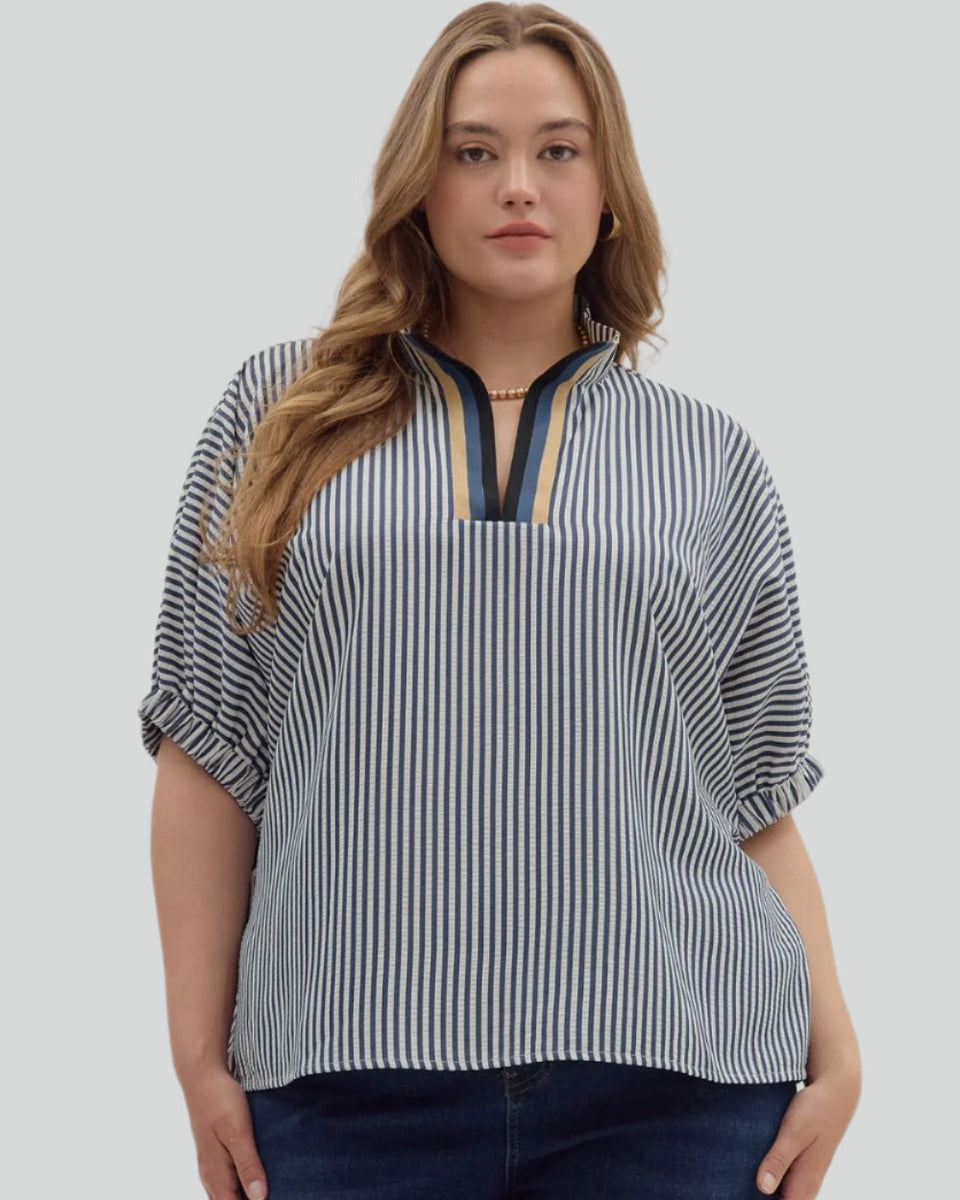 Navy Multi-Stripe Dolman Top - Plus/Regular | LouisGeorge Boutique