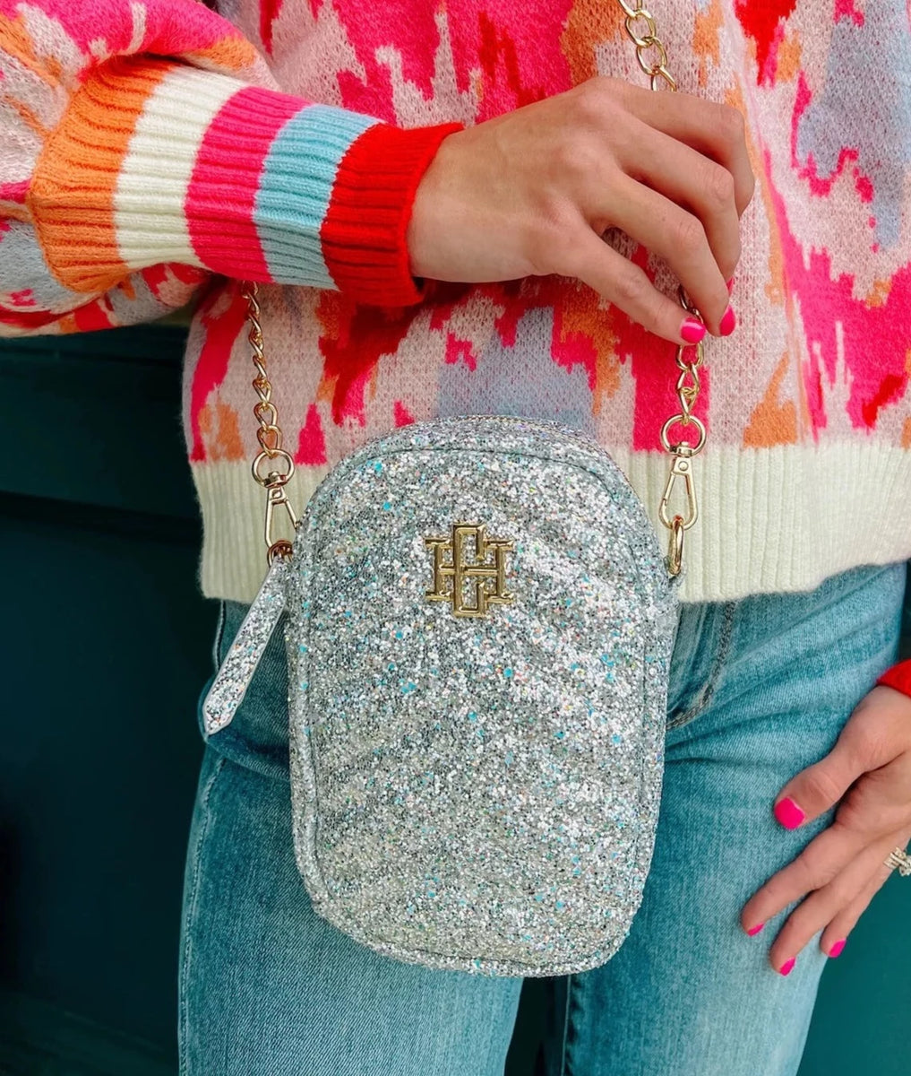 Colton Cell Phone Crossbody - Glitter Silver | LouisGeorge Boutique